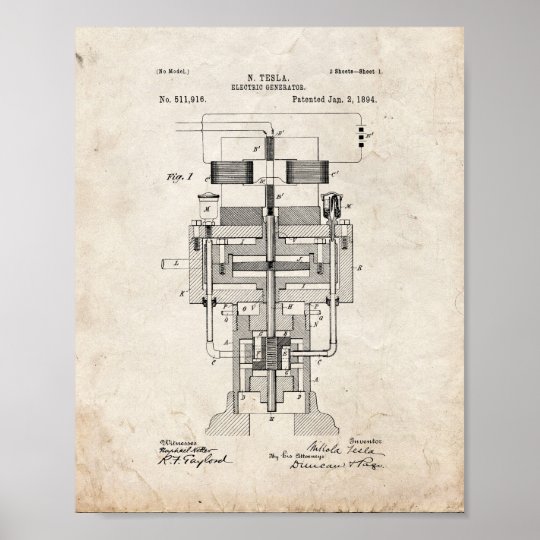 Tesla Electric Generator Patent - Old Look Poster | Zazzle.com
