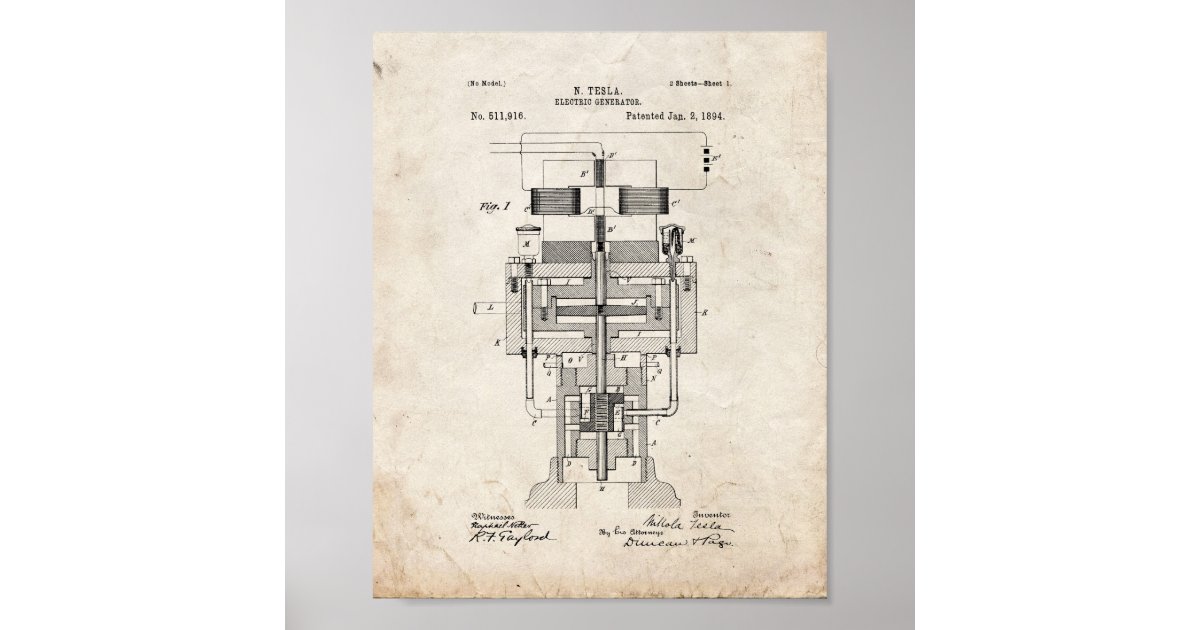 Tesla Electric Generator Patent - Old Look Poster | Zazzle