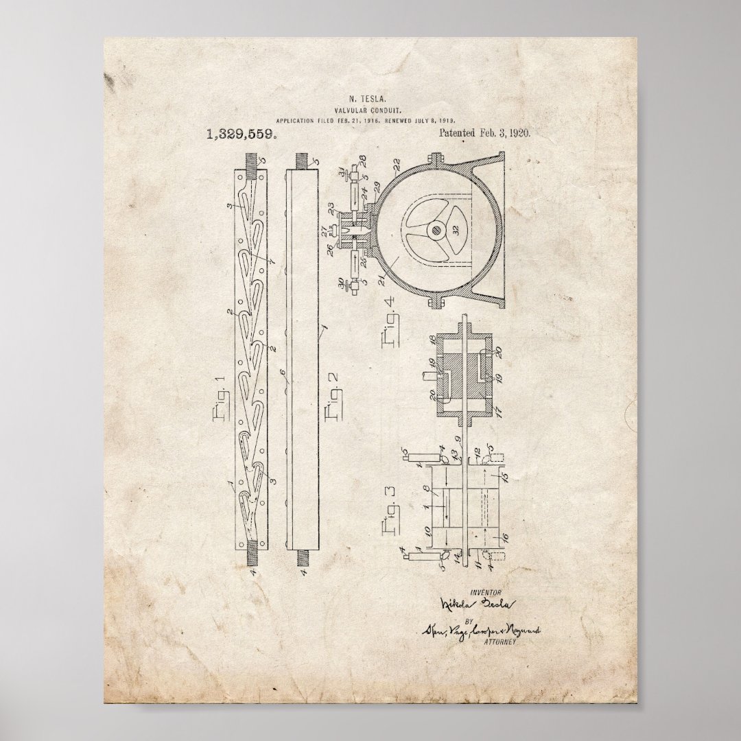 Tesla Valvular Conduit Patent - Old Look Poster | Zazzle