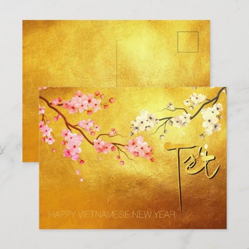 Tet Hoa Anh Dao Blossom Vietnamese New Year Gold P Invitation Postcard ...