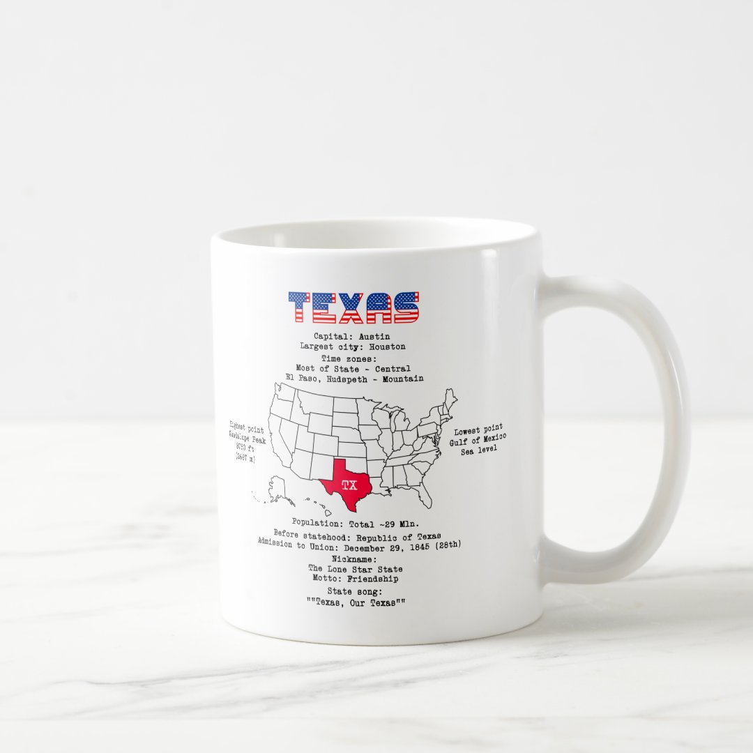 Texas American state on a map and useful info Coffee Mug | Zazzle