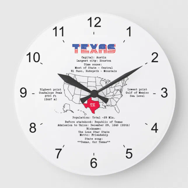 Texas American state on a map and useful info Large Clock | Zazzle