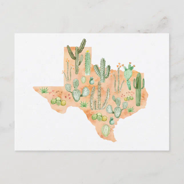 Texas Cactus Watercolor Illustration Map Postcard | Zazzle