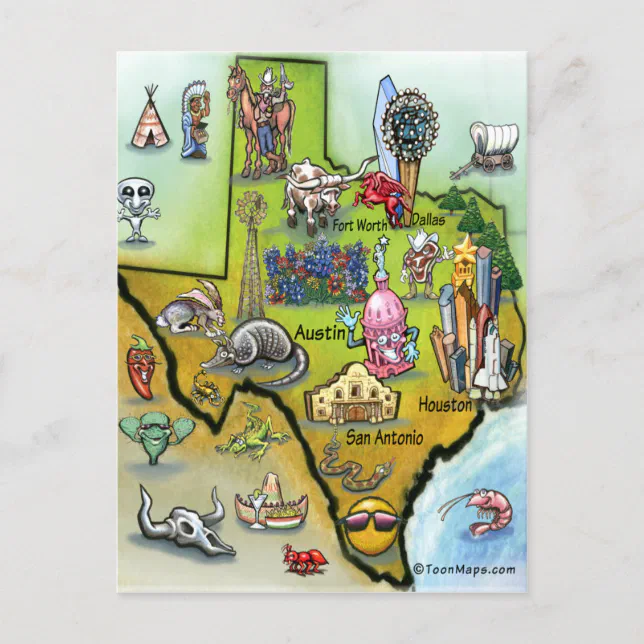 Texas Cartoon Map Postcard | Zazzle