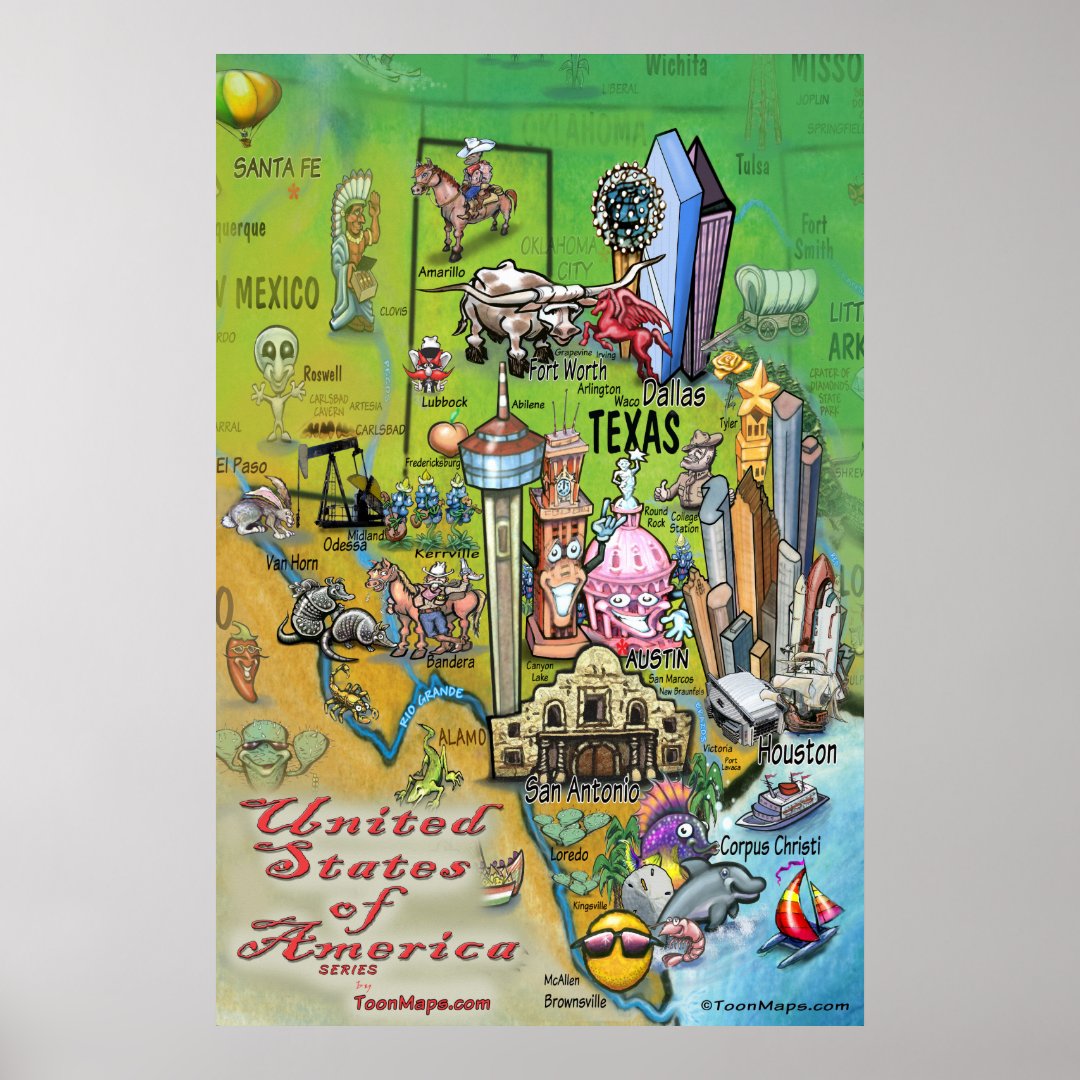 Texas Cartoon Map Poster | Zazzle