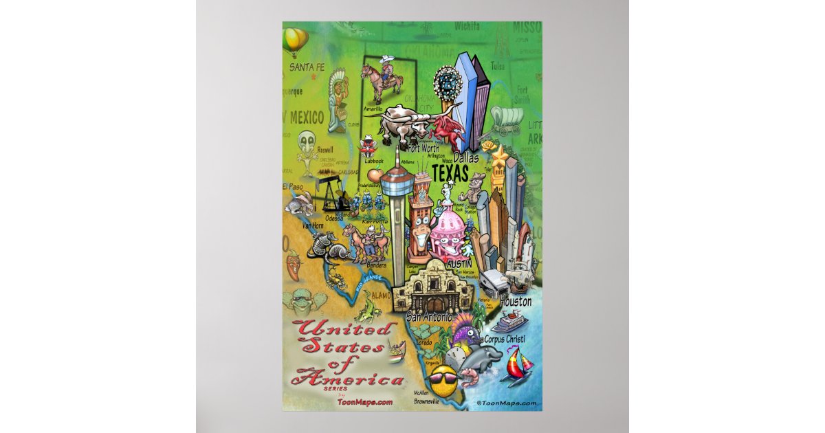 Texas Cartoon Map Poster | Zazzle