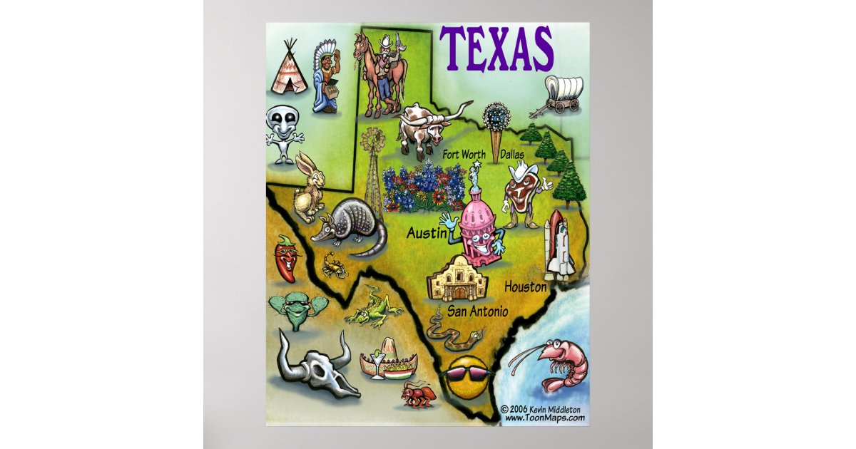 Texas Cartoon Map Poster | Zazzle