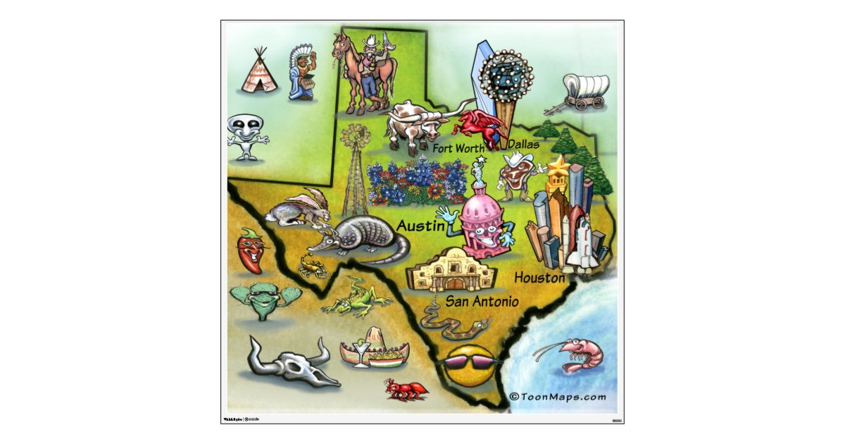 Texas Cartoon Map Wall Decal | Zazzle