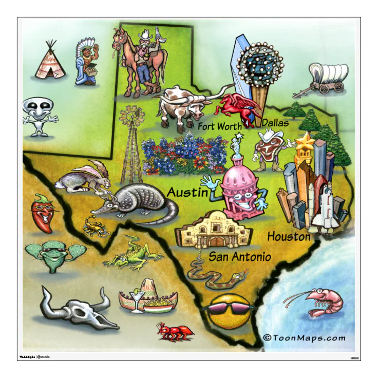 Texas Cartoon Map Wall Decal | Zazzle