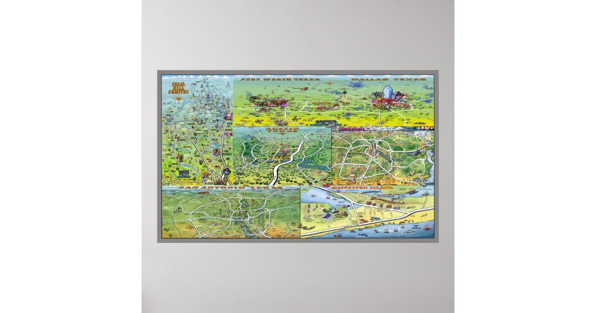 Texas Cities Cartoon Map Poster | Zazzle