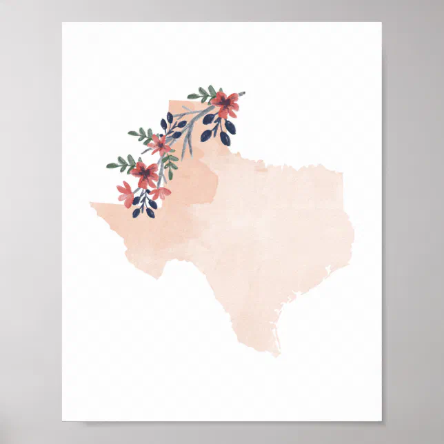 Texas Floral Watercolor State Poster | Zazzle