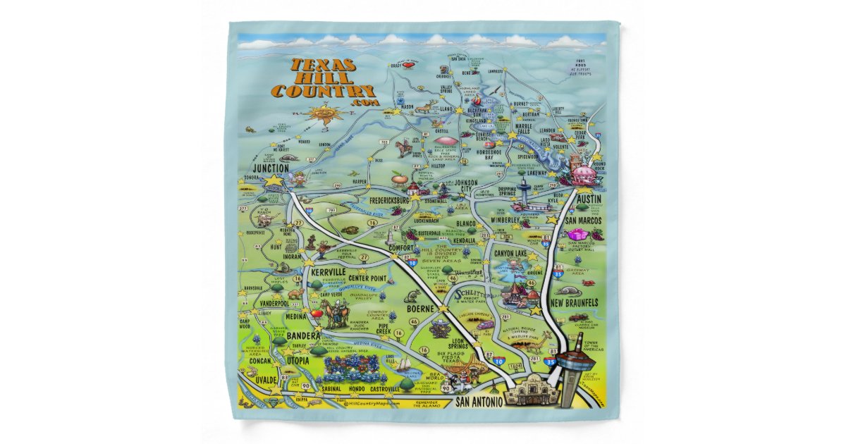 Texas Hill Country Cartoon Map Bandana | Zazzle