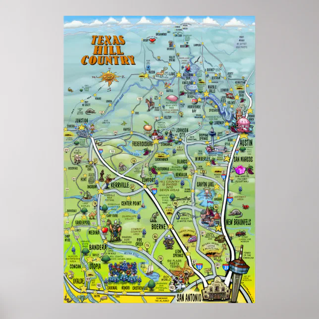 Texas Hill Country Cartoon Map Poster | Zazzle
