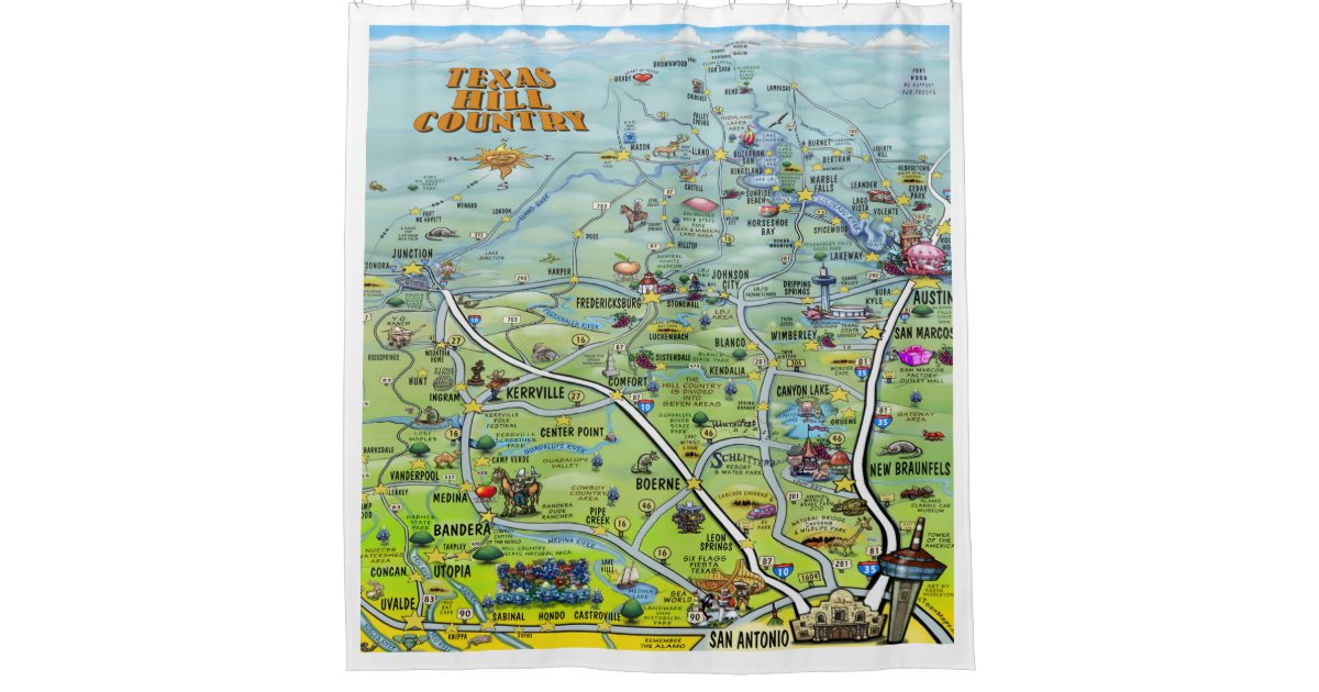 Texas Hill Country Cartoon Map Shower Curtain | Zazzle