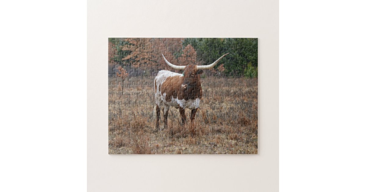 Texas Longhorn Cow in Fall Meadow Farm Style Art Jigsaw Puzzle | Zazzle
