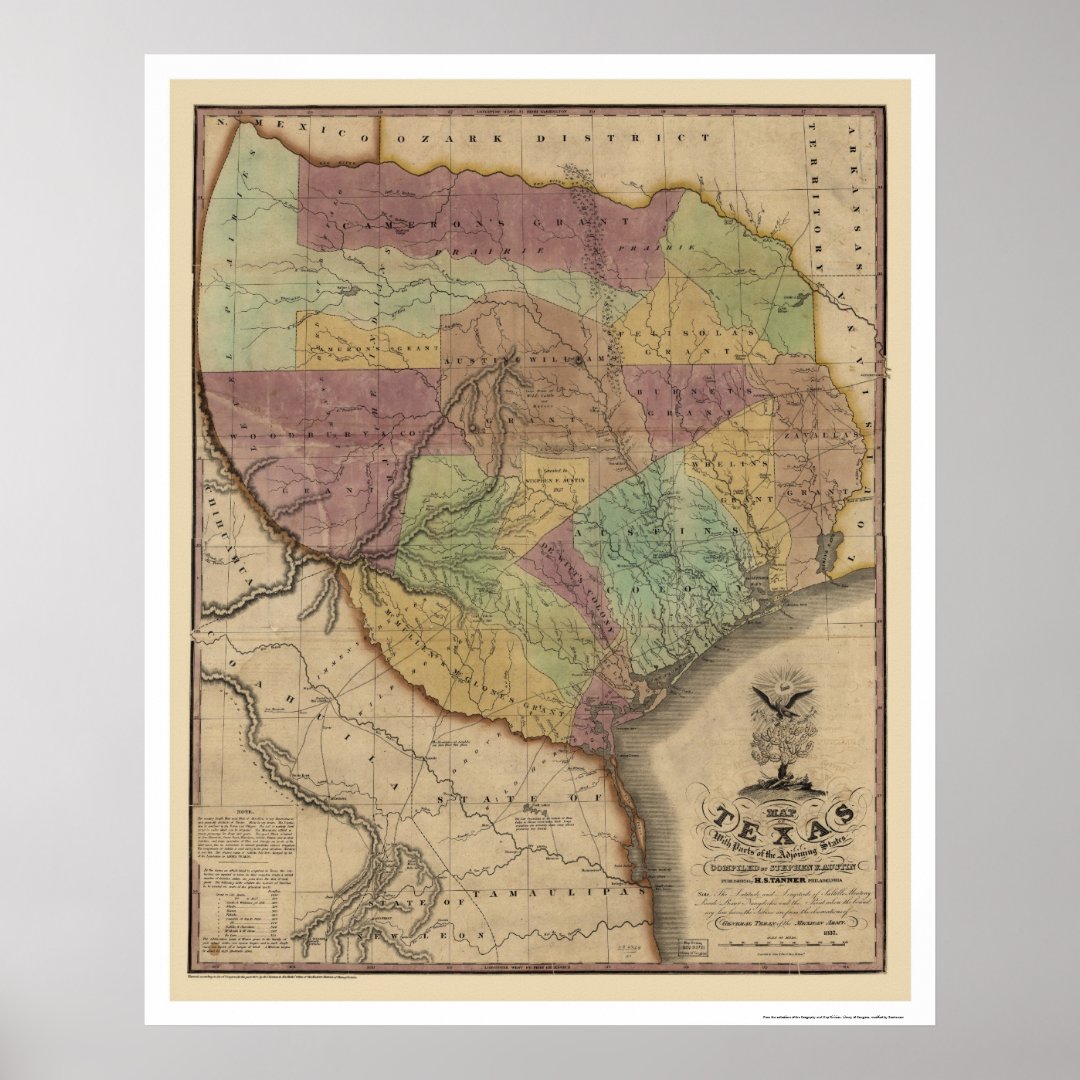 Texas Map By Stephen Austin 1837 Poster | Zazzle