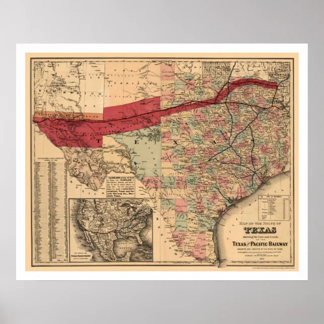 Texas & Pacific Railroad Map 1873 Poster | Zazzle