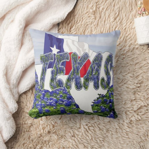 Texas Shape Texas Flag and Bluebonnets Throw Pillow | Zazzle