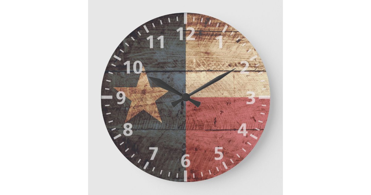 Texas State Flag on Old Wood Grain Large Clock | Zazzle
