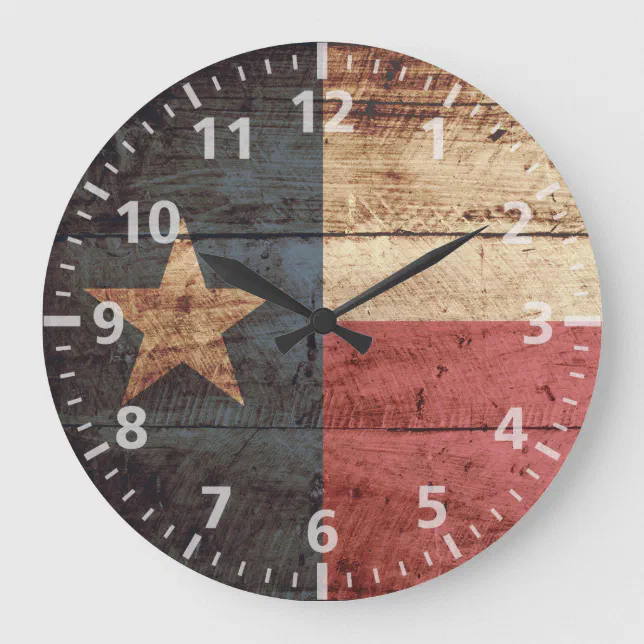 Texas State Flag on Old Wood Grain Large Clock | Zazzle