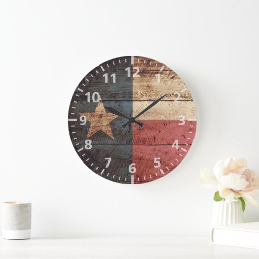 Texas State Flag on Old Wood Grain Large Clock | Zazzle