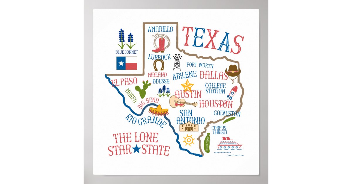Texas State Landmarks Illustration Poster | Zazzle