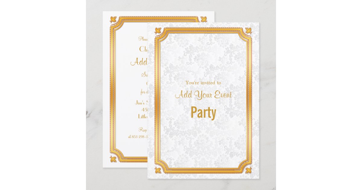 Texture White and Gold Frame Invitation | Zazzle