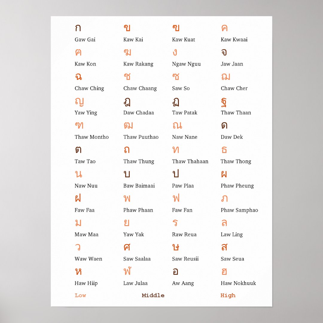 Thai Alphabet Consonant Class Poster | Zazzle
