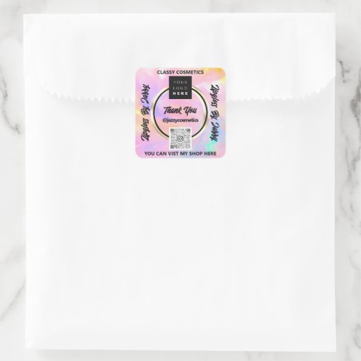 Thank Business QR Code Logo Pink Holographic Scan Square Sticker | Zazzle