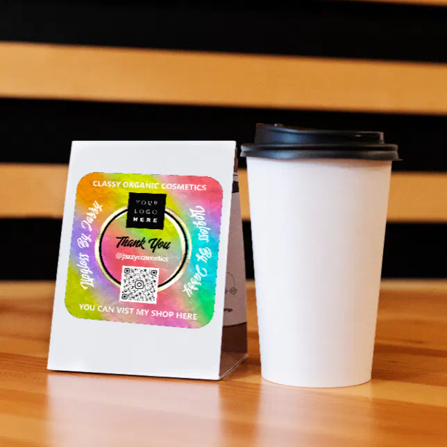 Thank Business QR Code Logo Rainbow Holograph Square Sticker | Zazzle