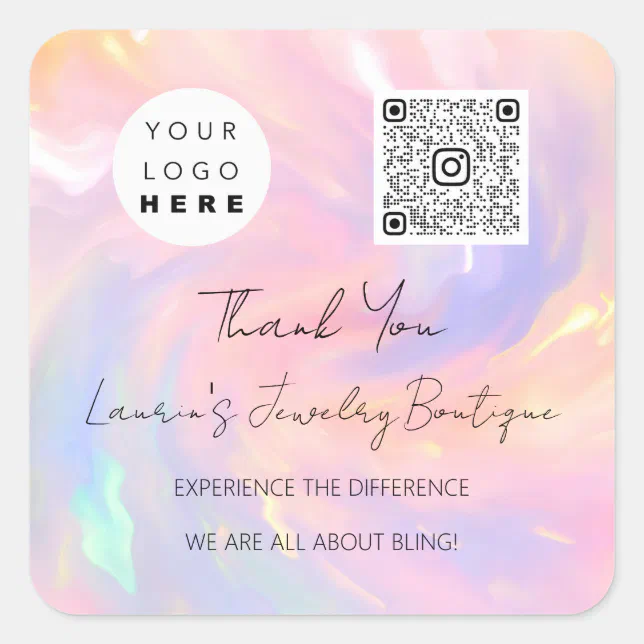 Thank Logo QrCode Online Shop Holographic Square Sticker | Zazzle