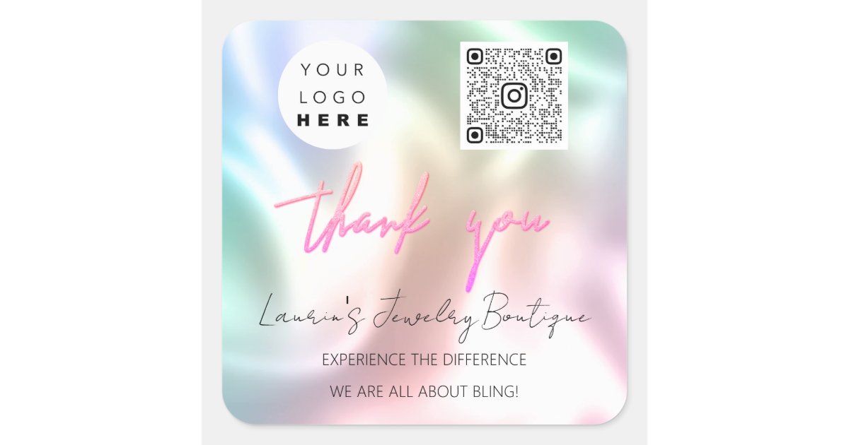 Thank Logo QrCode Online Shop Pink Holographic Sq Square Sticker | Zazzle