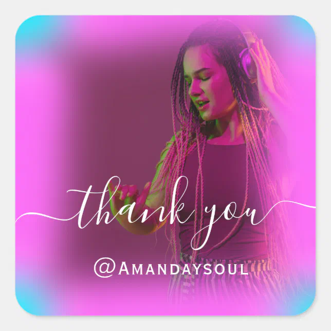 Thank Photo Neon Pink Holograph Singer DJ Music Square Sticker | Zazzle