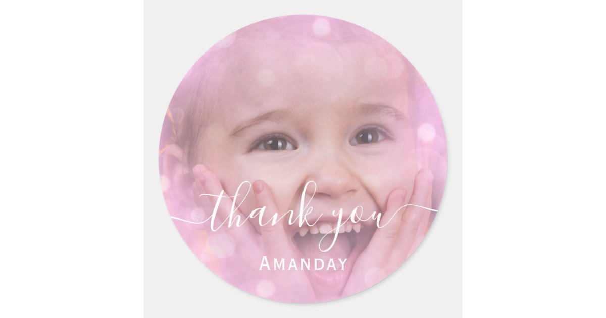Thank Photo Pink Birthday Party Girly Classic Round Sticker | Zazzle