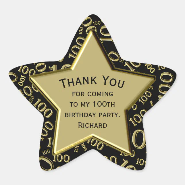 Thank you - 100th Number Pattern Black/Gold Star Sticker | Zazzle