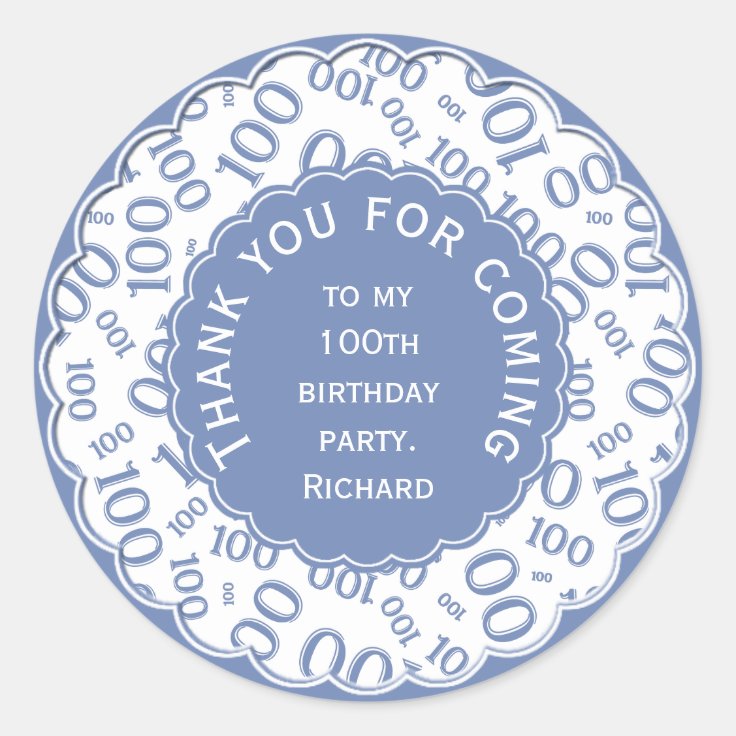 Thank You 100th Number Pattern Cool Blue/White Classic Round Sticker ...