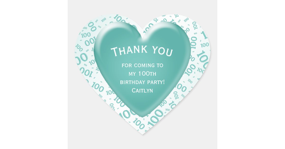 Thank You - 100th Teal/White Number Pattern Heart Sticker | Zazzle