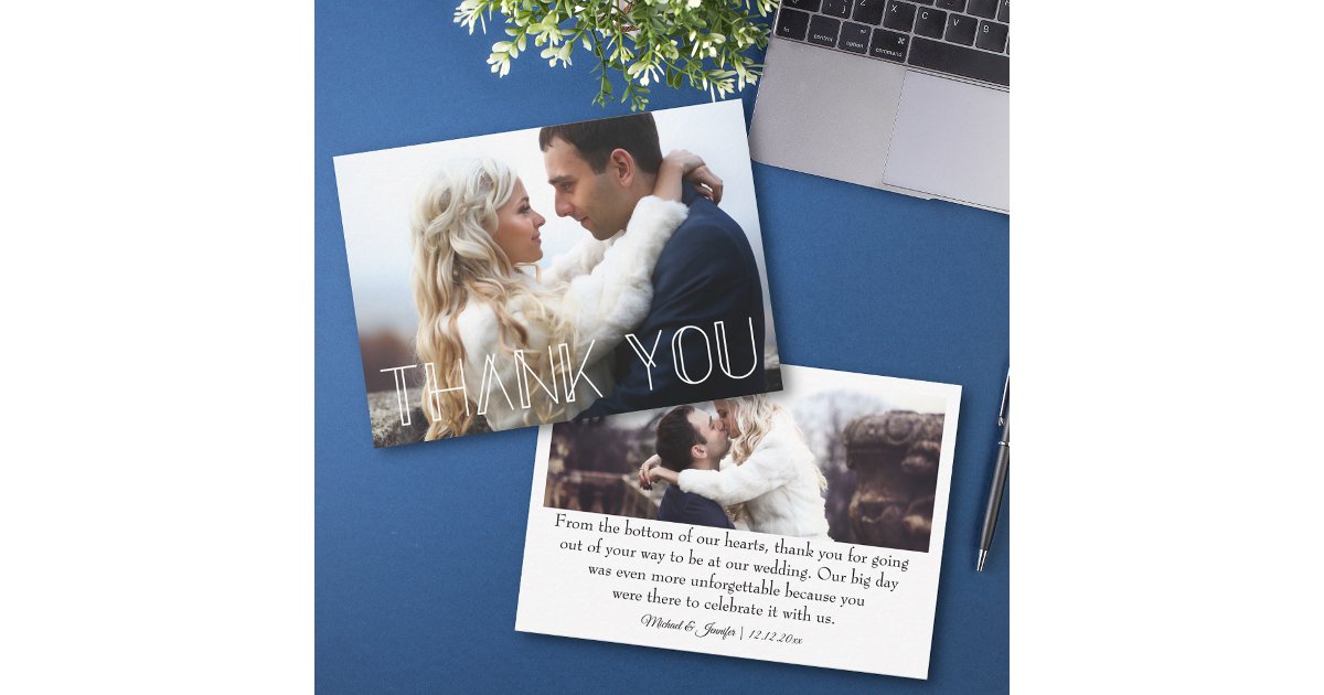 thank you 2 photos white trend typography wedding note card | Zazzle