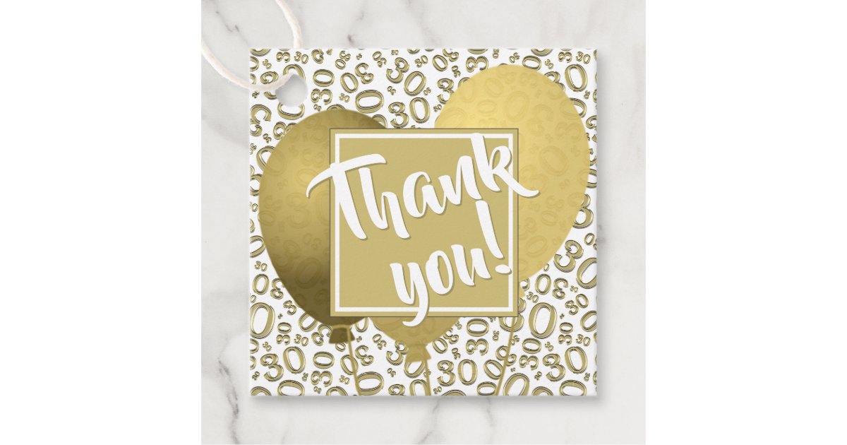 Thank You 30th Number Pattern Gold and White SQ Favor Tags | Zazzle