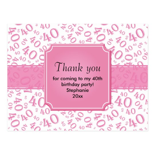 Thank You: 40th Pink/White Birthday Number Pattern Postcard | Zazzle.com