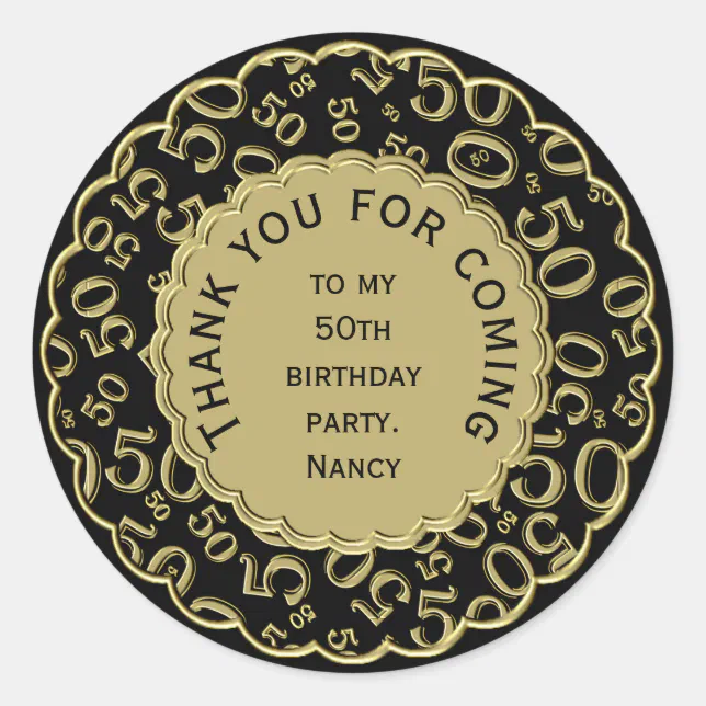 Thank You 50th Number Pattern Black and Gold Classic Round Sticker | Zazzle