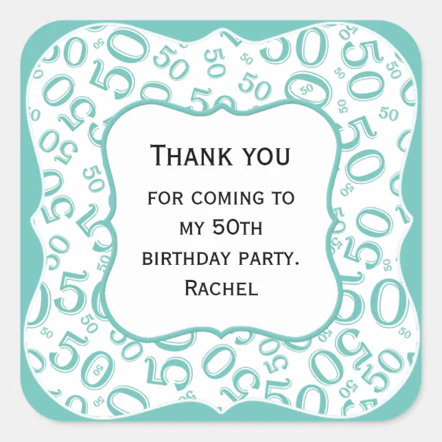 Thank you: 50th Number Pattern Teal/White Bracket Square Sticker | Zazzle