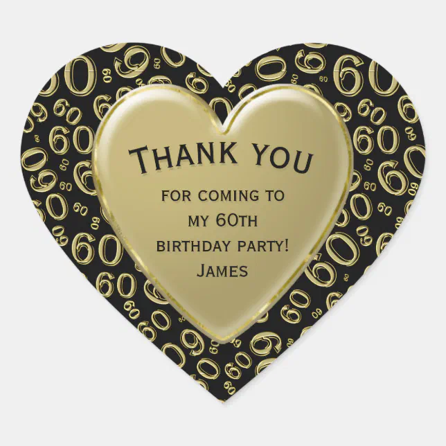 Thank you - 60th Number Pattern Gold and Black Heart Sticker | Zazzle