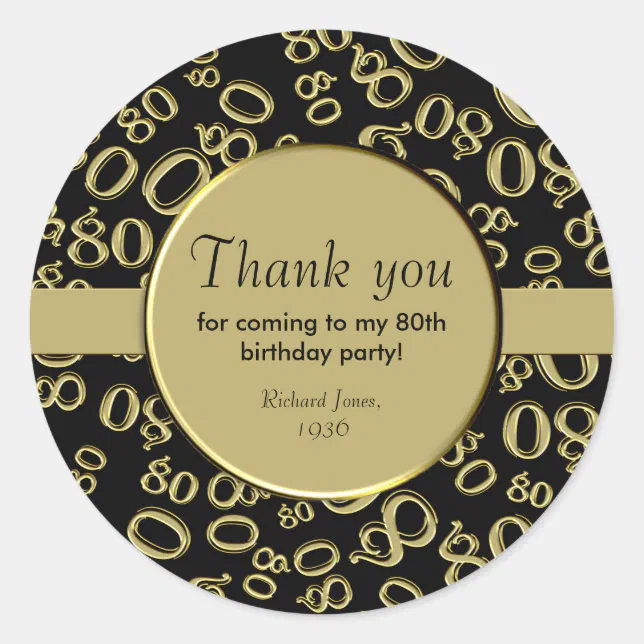 Thank You: 80th Number Pattern Gold and Black Classic Round Sticker ...
