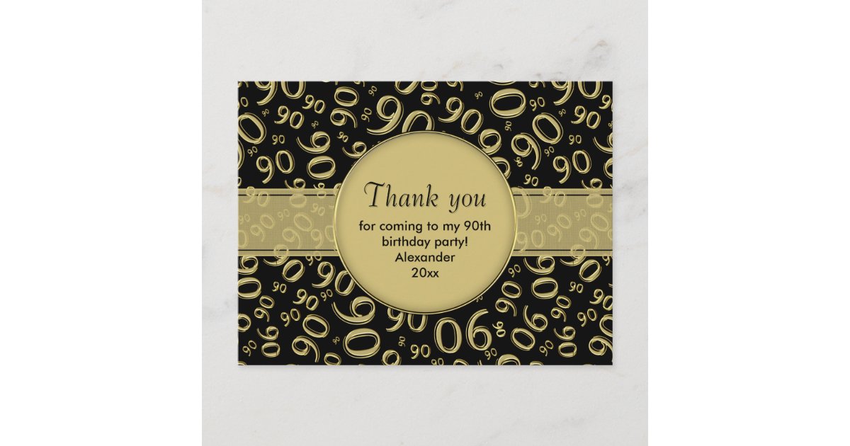 Thank You 90th Black/Gold Birthday Number Pattern Postcard | Zazzle