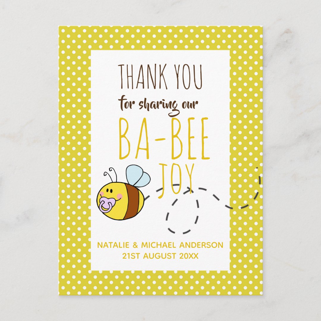 Thank You BA-BEE Baby Shower Yellow Polkadot Postcard | Zazzle