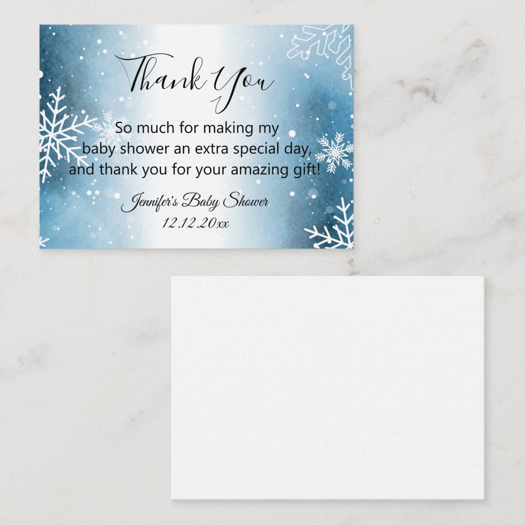 thank you baby shower watercolor blue snowflakes note card | Zazzle