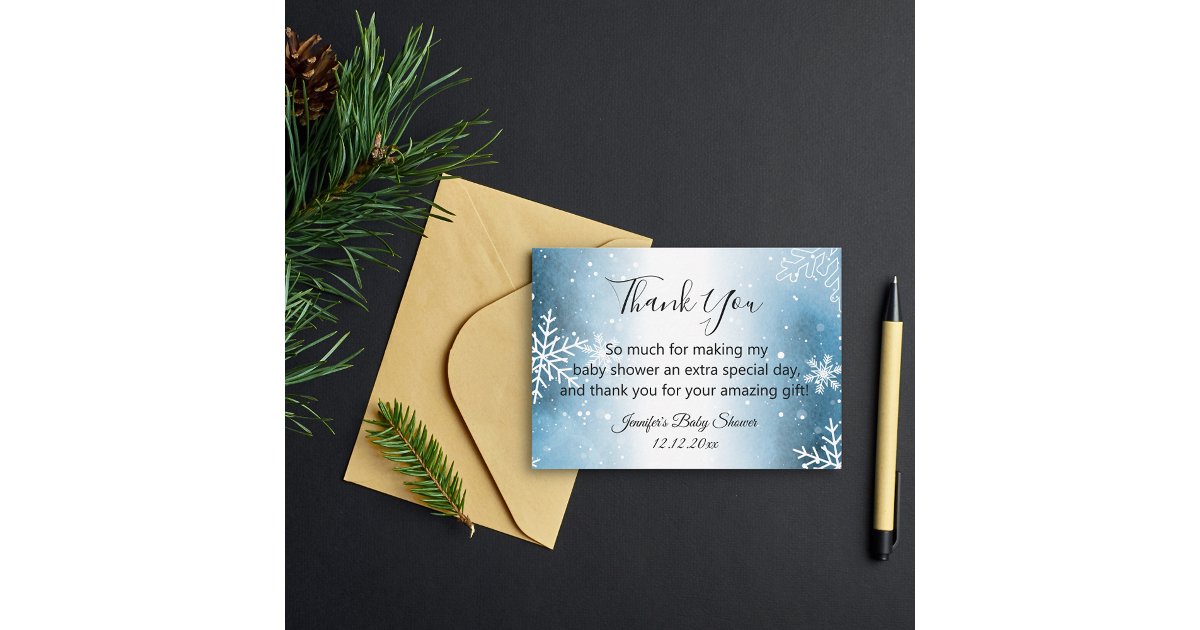 thank you baby shower watercolor blue snowflakes note card | Zazzle