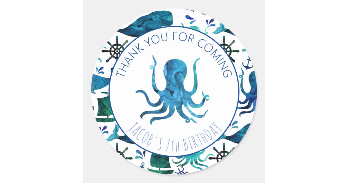 Thank You Birthday Party Marine Octopus Nautical Classic Round Sticker ...