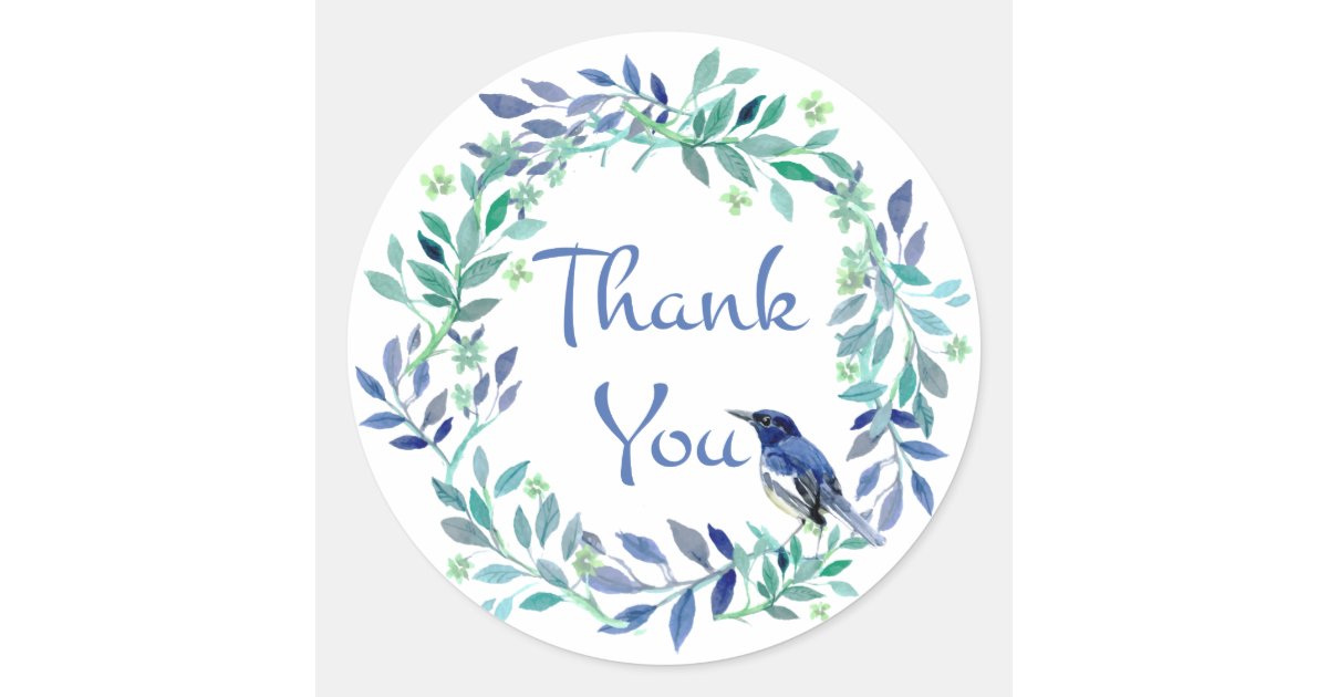 Thank You Blue Bird Watercolor Floral Leaf Wreath Classic Round Sticker ...
